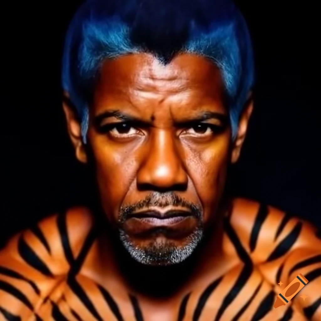 Muscular man with tiger-style makeup and blue hair on Craiyon