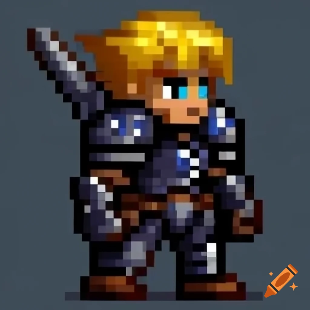 8-bit knight in pixelated armor holding a longsword, depicting bravery ...