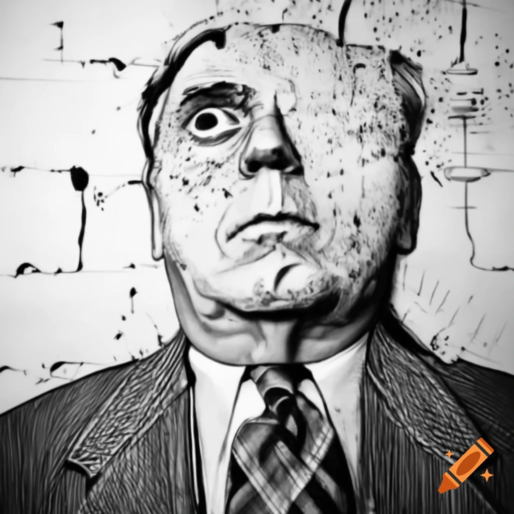 Black and white drawing of a 1950s man in a suit against a dirty white ...