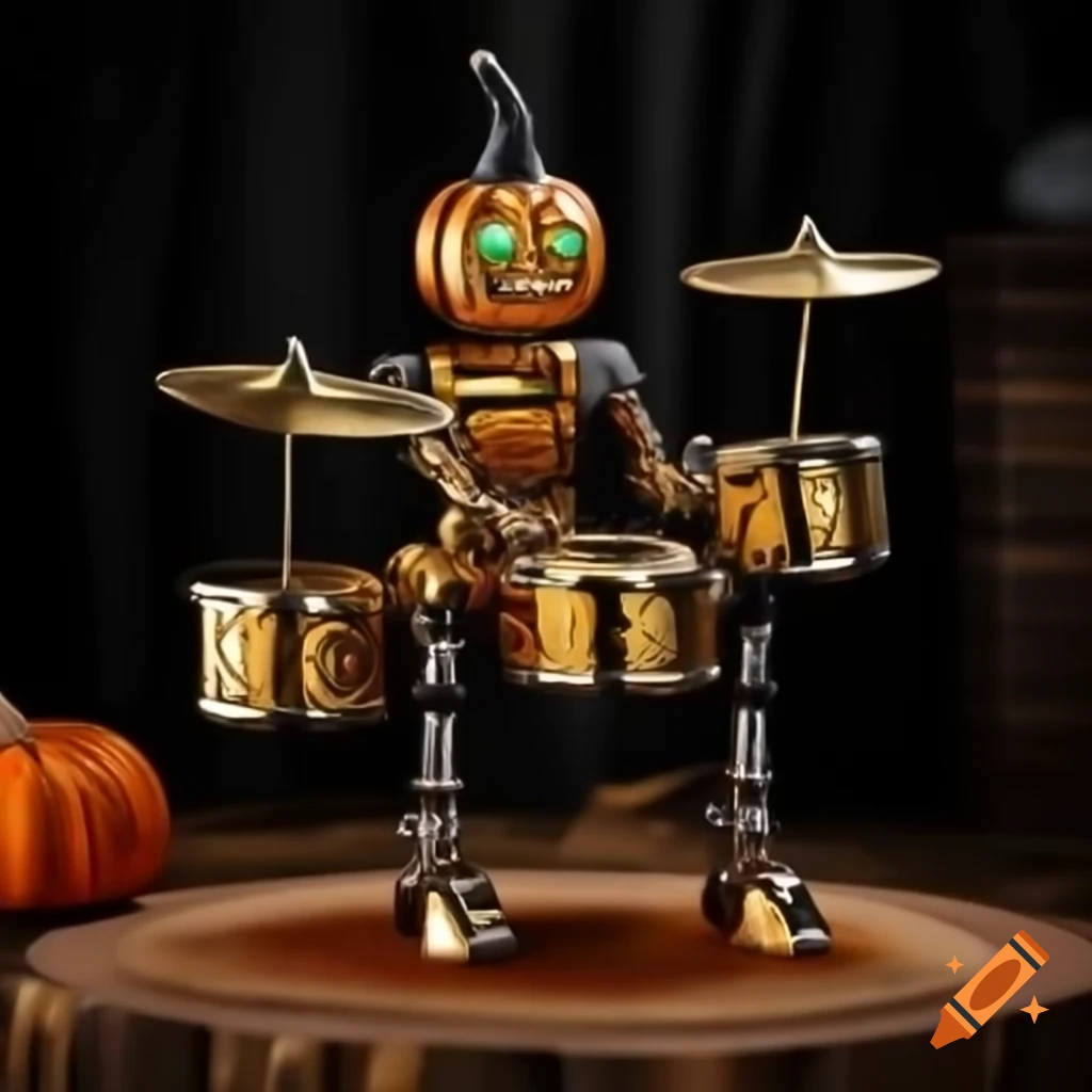 Metal chrome robot with gold drums and spooky pumpkin elements on Craiyon