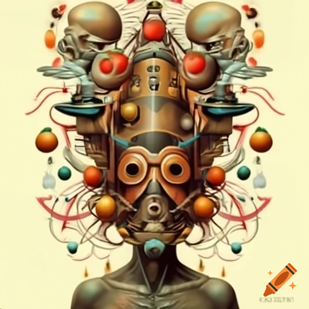 Surreal flat drawing portrait with microcosm motifs and complex machine ...