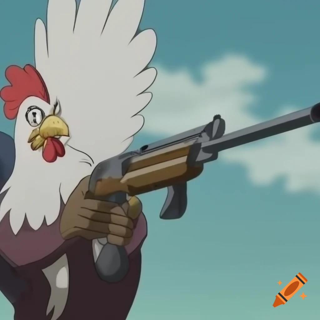 Rooster with white and gray plumage holding auto-rifle from anime ...