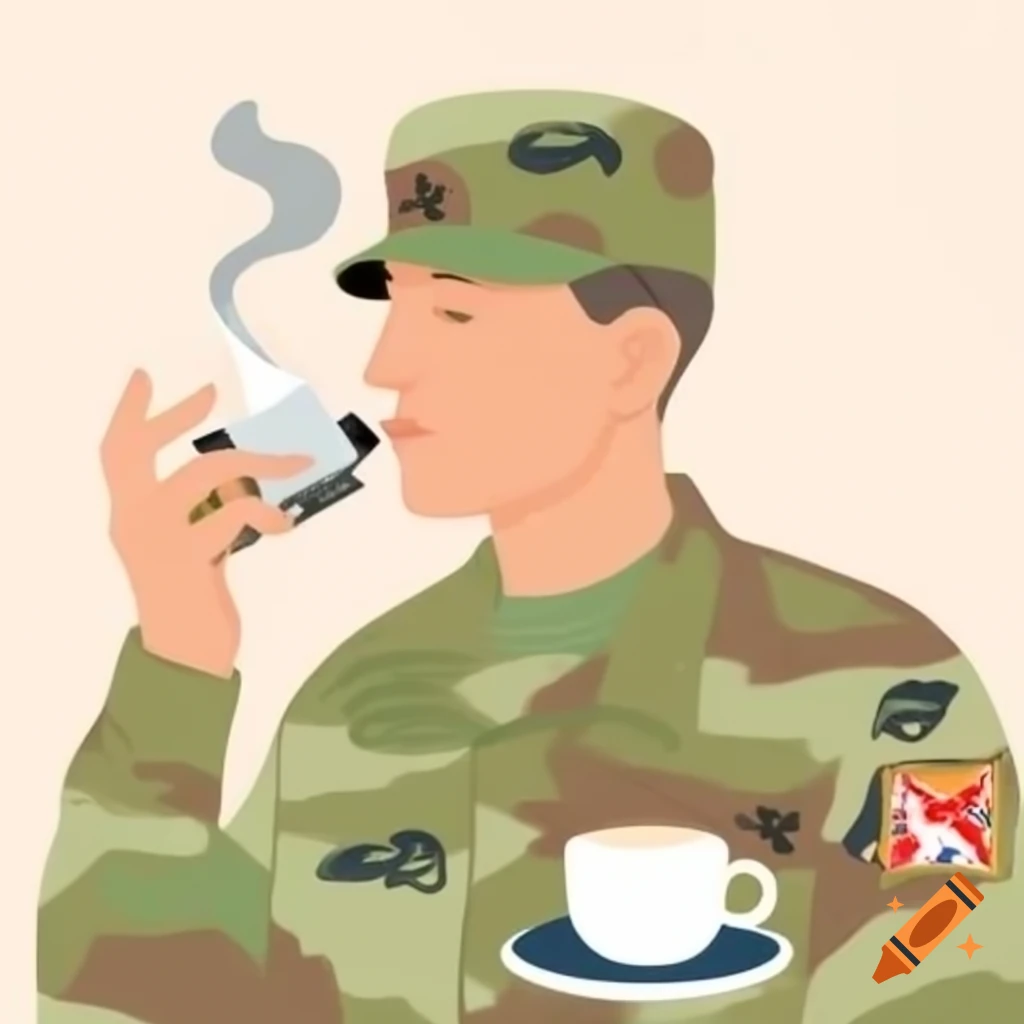 British army veteran vaping while holding coffee, vector illustration ...