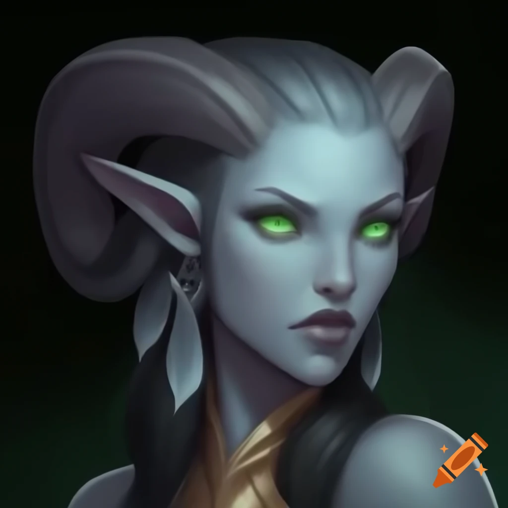 Sorceress with grey skin, ram horns, and green eyes, blending drow and ...