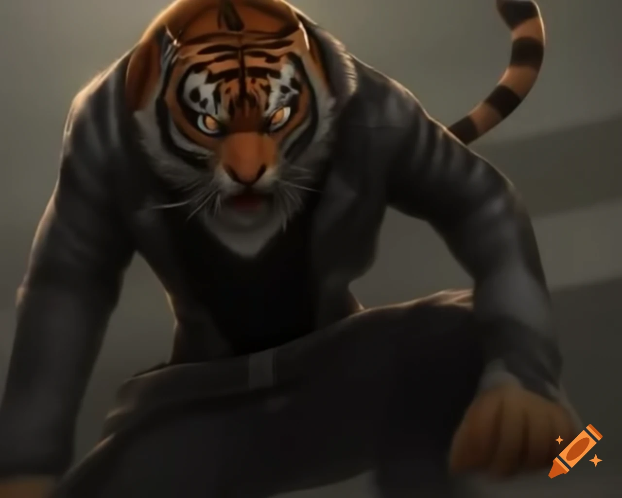 Anthropomorphic tiger in leather jacket striking a slavic squat pose on ...