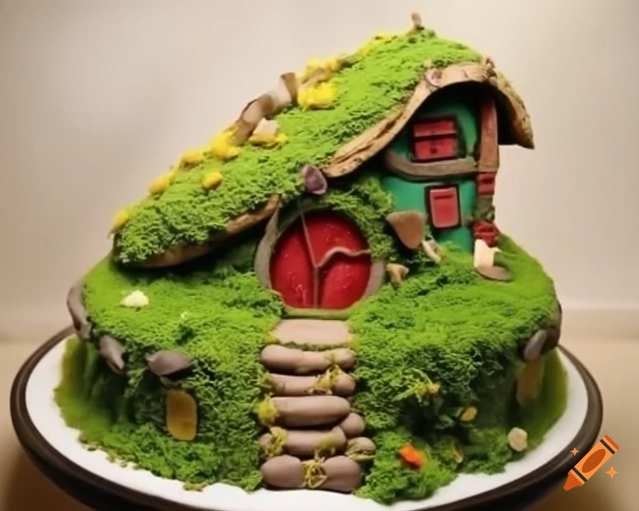 Mossy hobbit house themed birthday cake on Craiyon