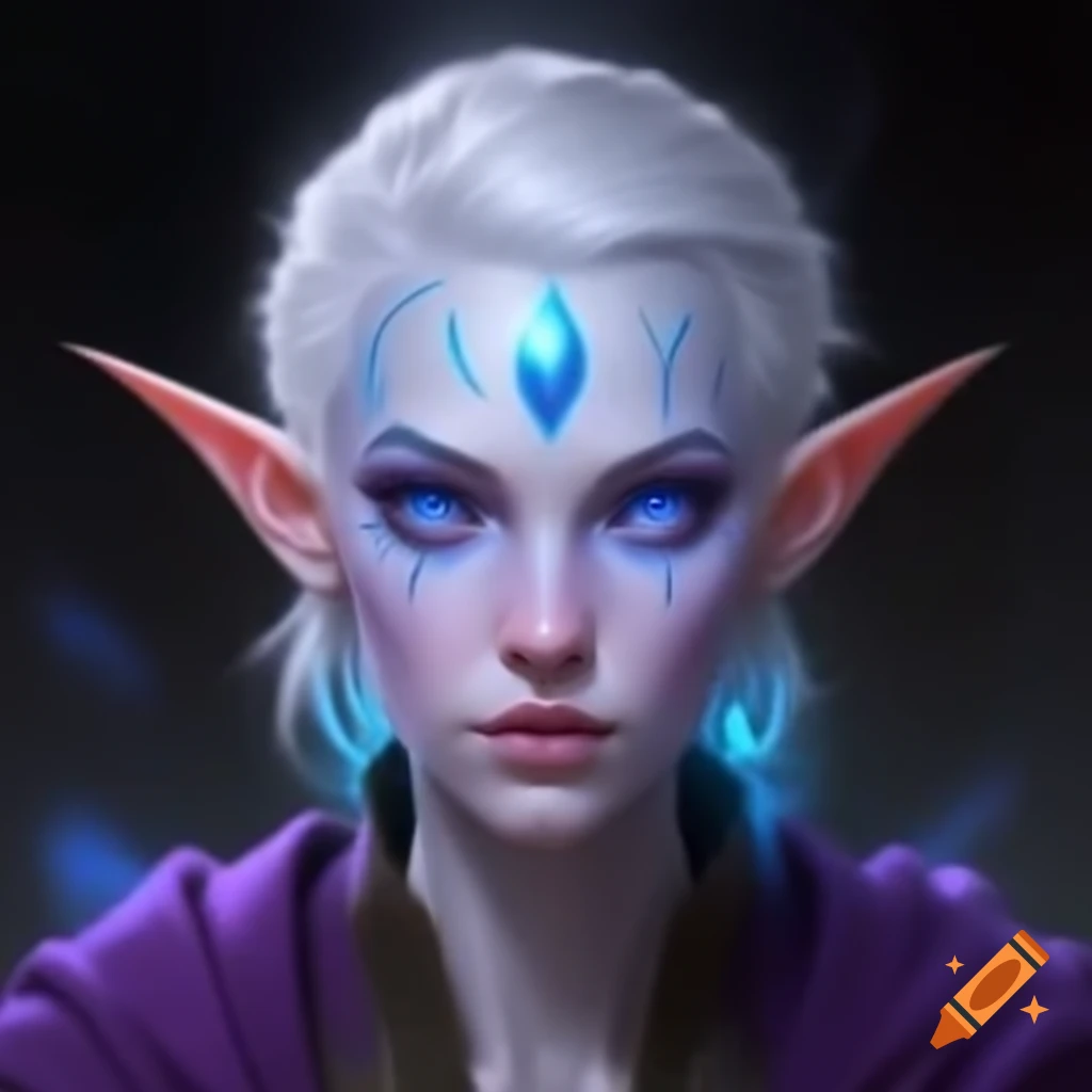 Androgynous elf with electric blue eyes and short white hair in deep ...