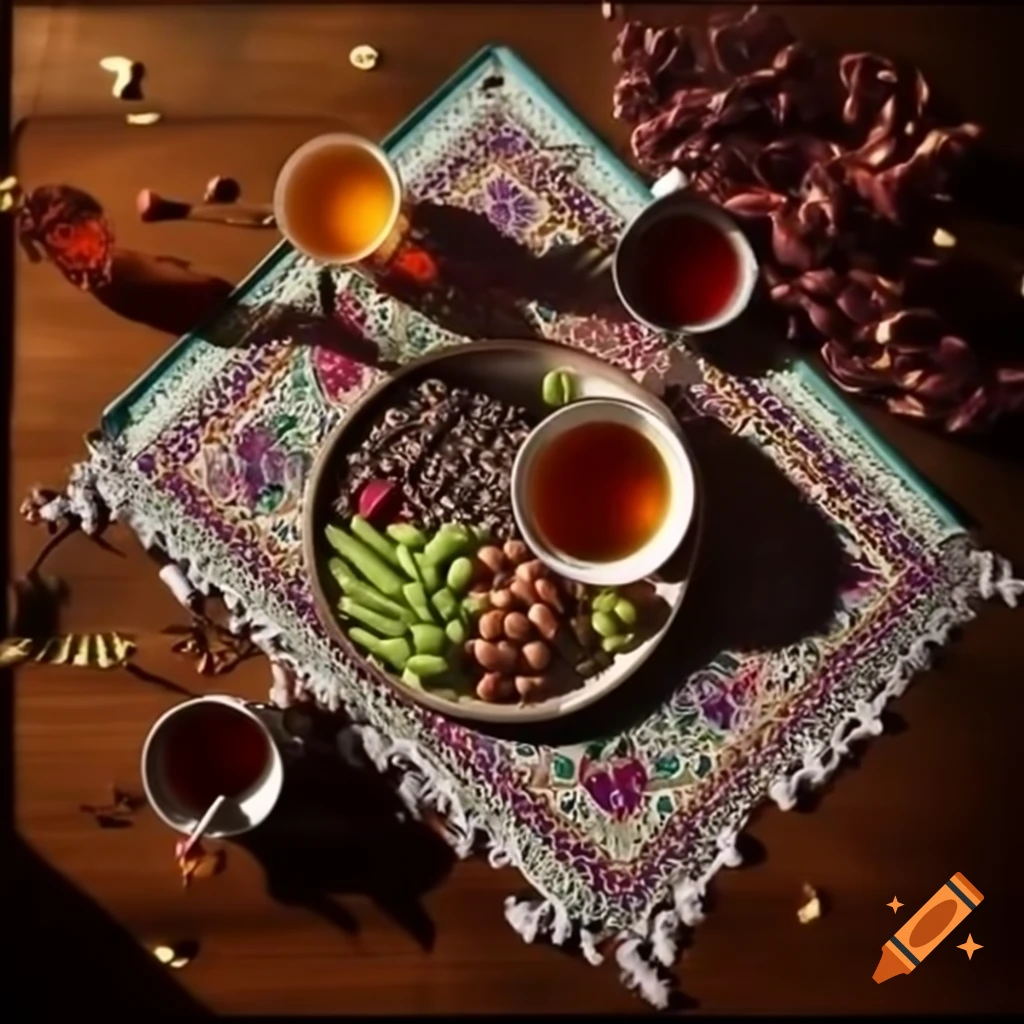 Wooden table with iranian hand-made tablecloth featuring fruits and ...