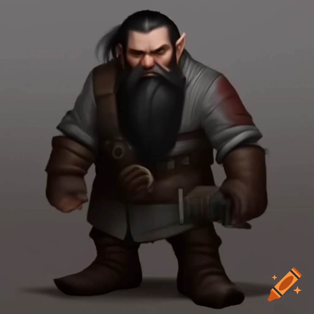 Sad male dwarf character with black hair and beard, scars on face, wearing worn clothes in ...