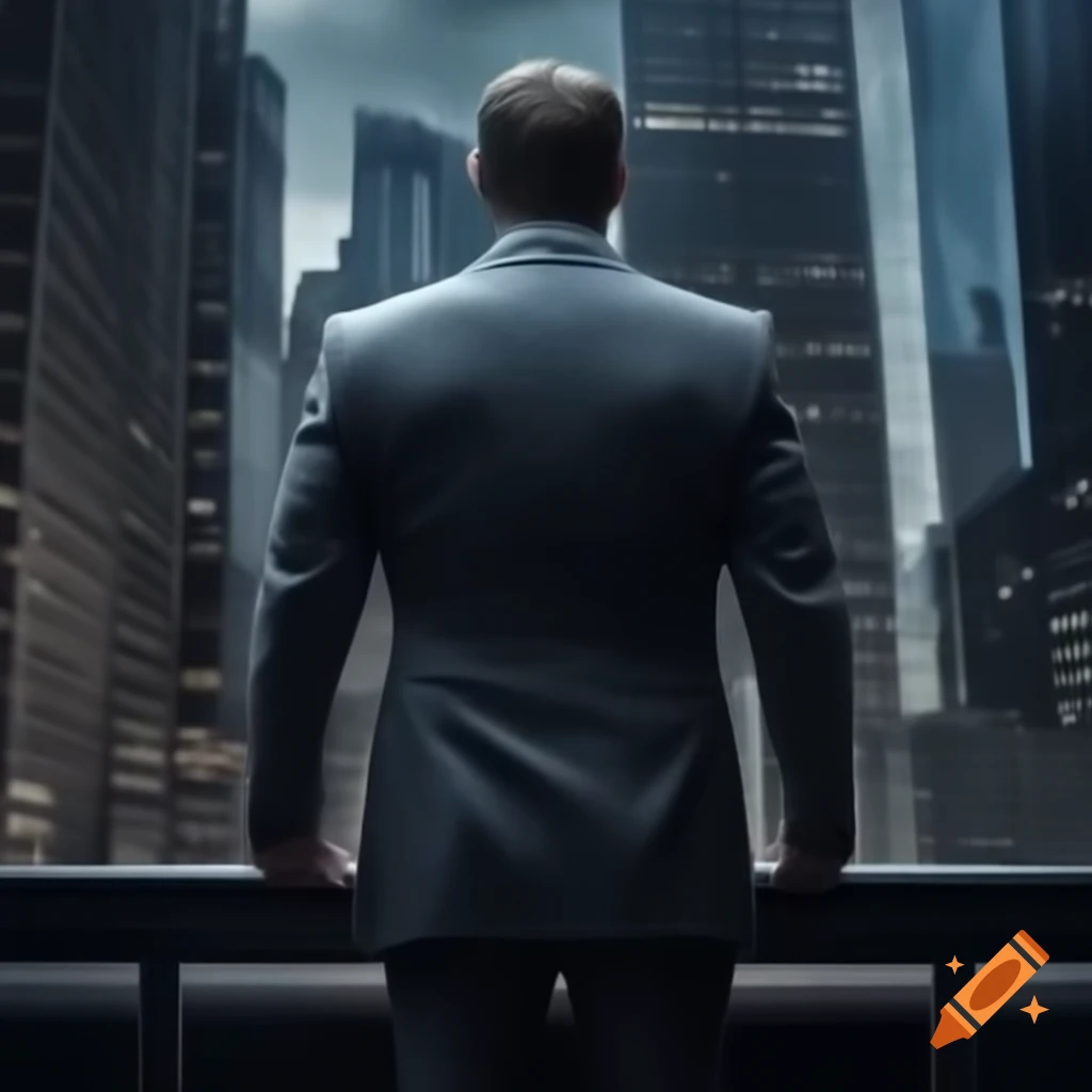 Man in grey suit with evil grin overlooking city from skyscraper on Craiyon