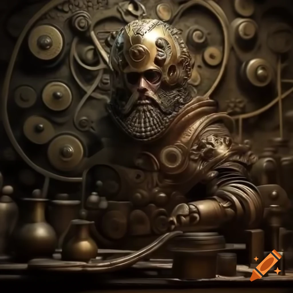 Intricate steampunk clockwork contraption with brass gears and pipes on ...