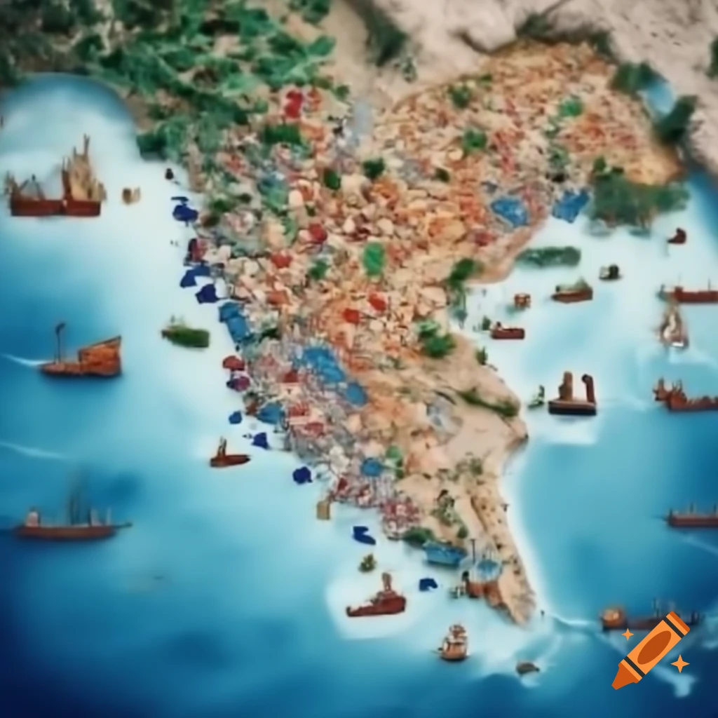 Colorful map of ancient greece featuring waves and ships on Craiyon