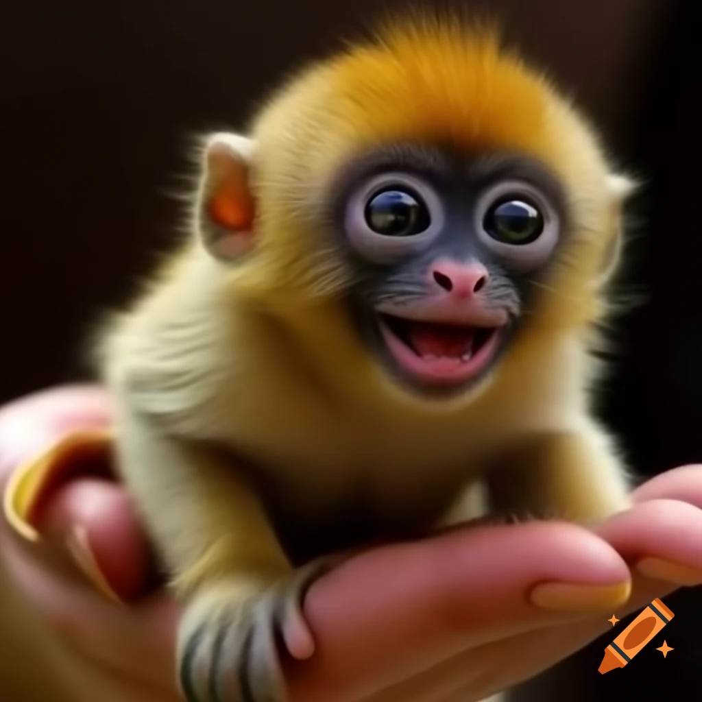 Tiny monkey sitting in palm, wide-eyed and grinning on Craiyon