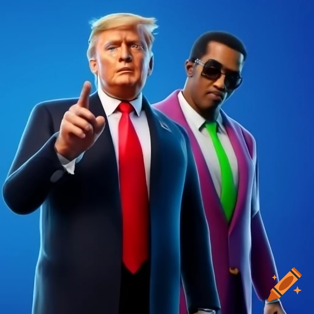 Donald trump and p diddy in fortnite island setting on Craiyon