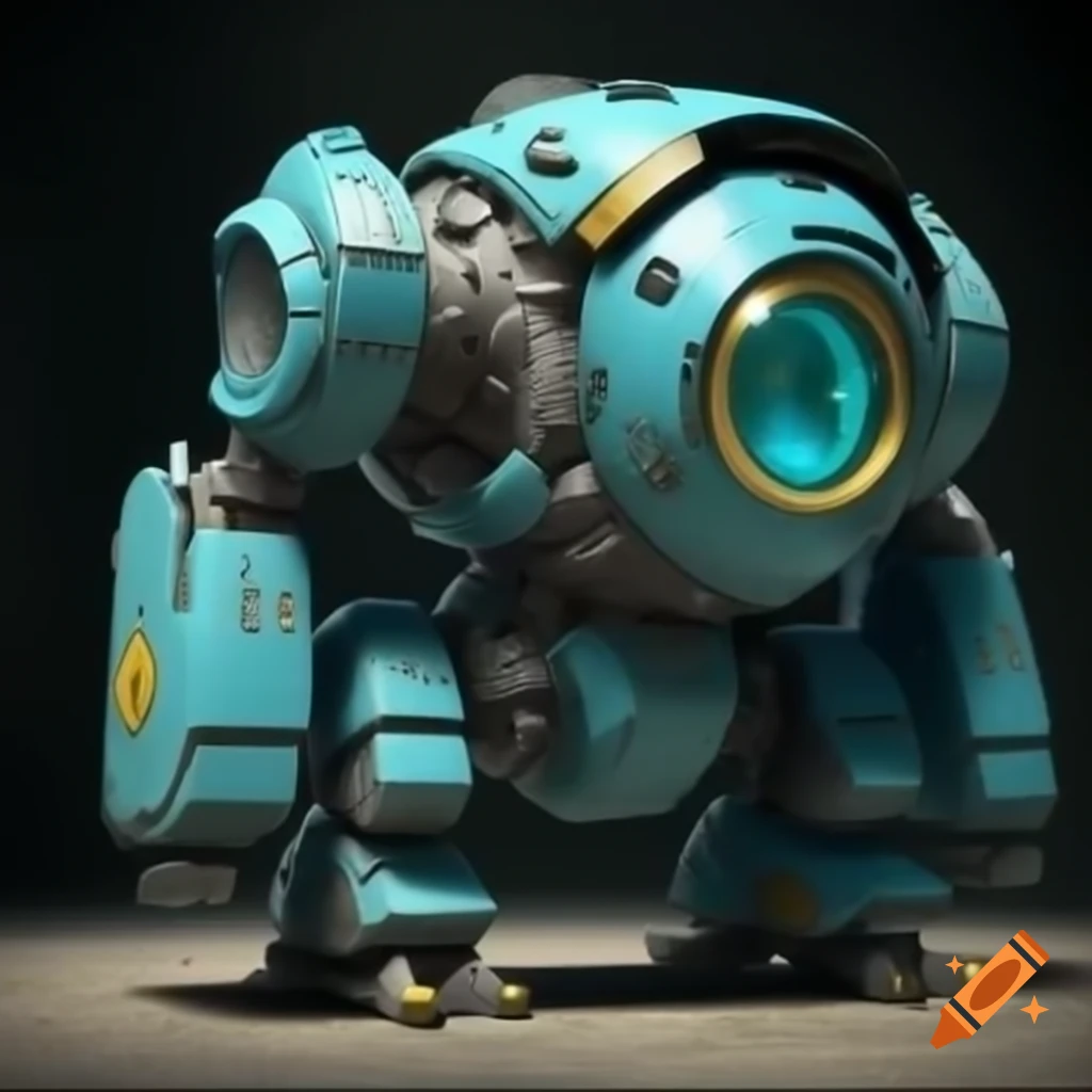 Cyan duck piloting giant mech suit in cartoon style on Craiyon