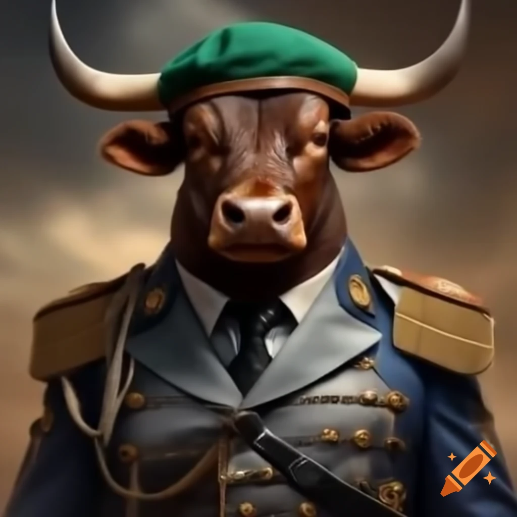 Resilient bull in military attire with tilted beret on Craiyon