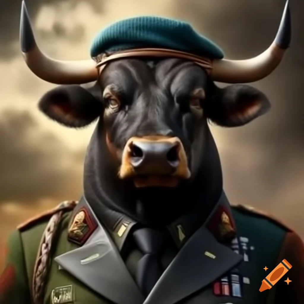 Bull in army uniform and beret on Craiyon
