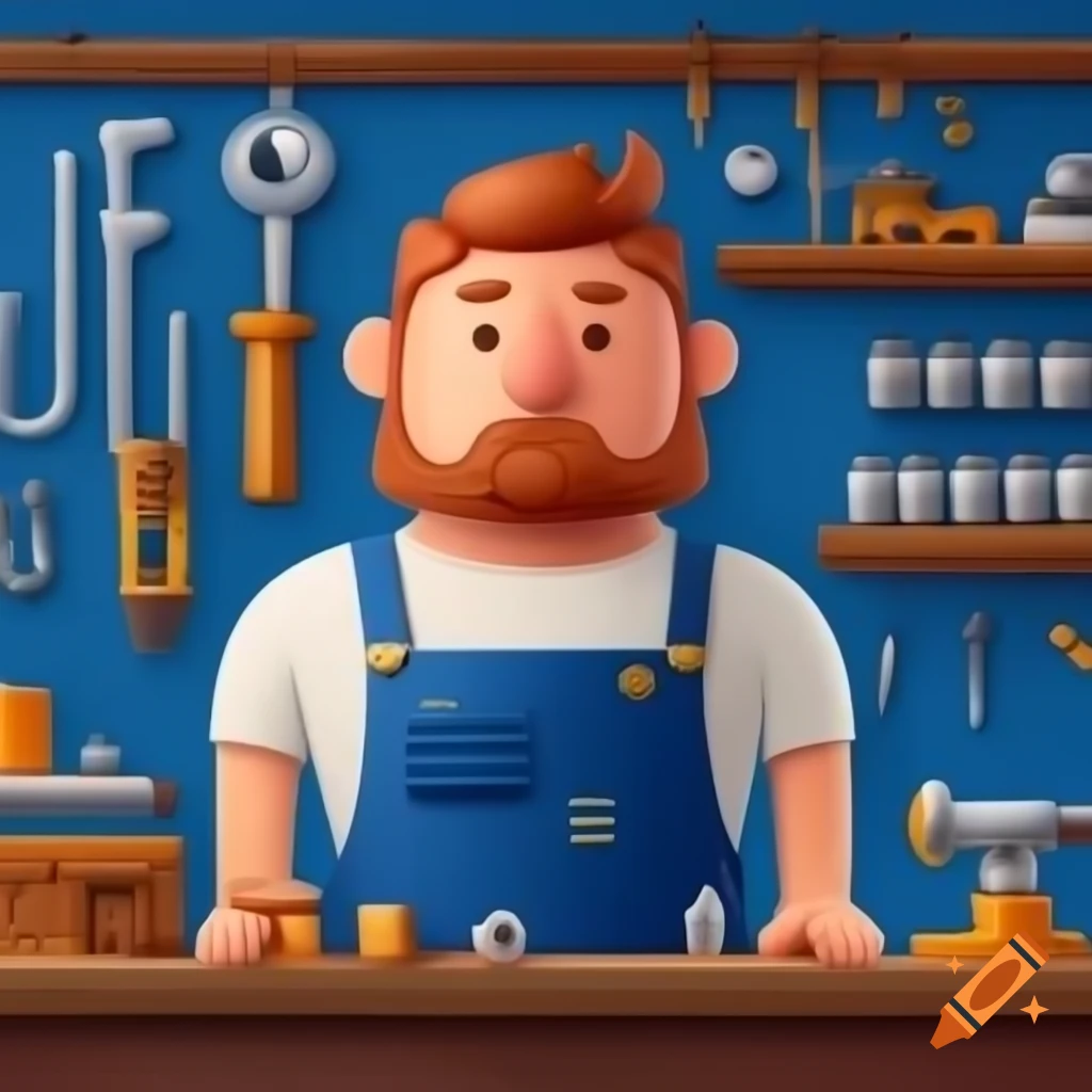 Cartoon storekeeper in a turning and milling workshop on Craiyon