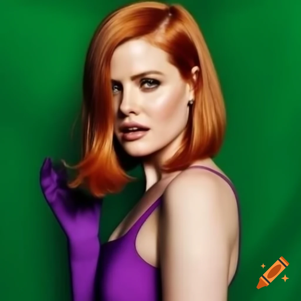 Amy Adams with sleek bob posing in purple tank top against green ...