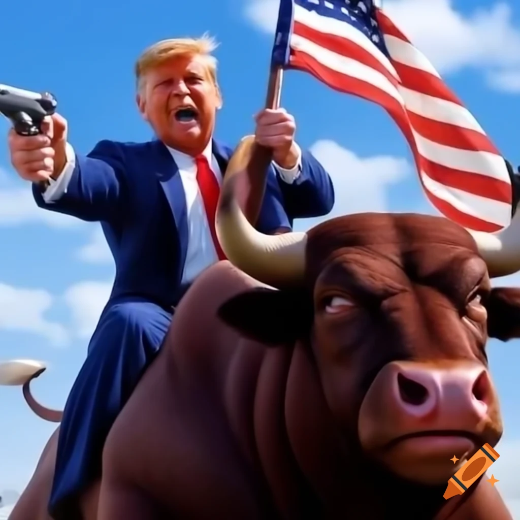 Political satire of person riding an angry bull with gun and American ...
