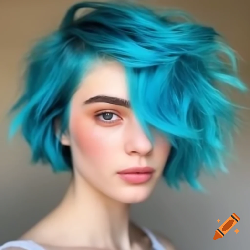 Portrait of woman with cyan short wavy hair and freckles on Craiyon