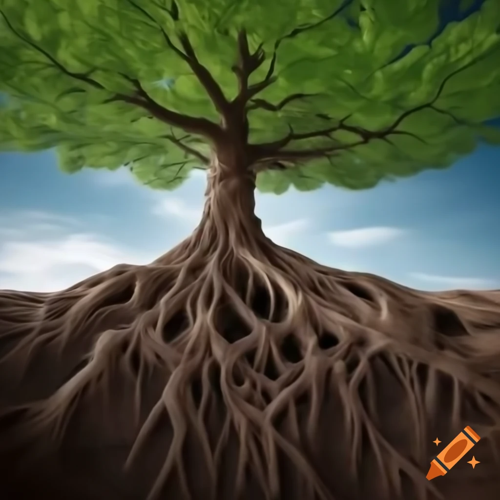 Ancient tree with deep roots and vibrant green leaves, symbolizing ...