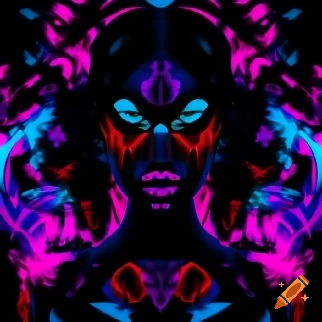 Vivid neon tribal gothic abstract artwork by Brigitte J.A.G. Schrijvers on Craiyon