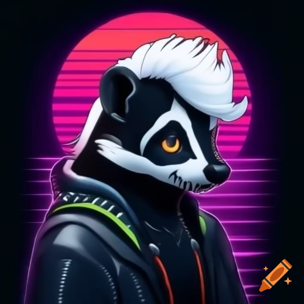 Close up of anthro skunk with mohawk in cyberpunk jacket against ...