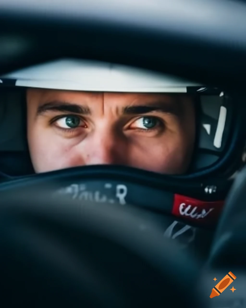 Intense race driver showing concentration and sweat, with analog ...
