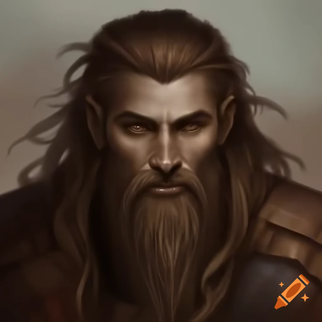 Rugged druid in earthy tones with man bun and leather armor on Craiyon
