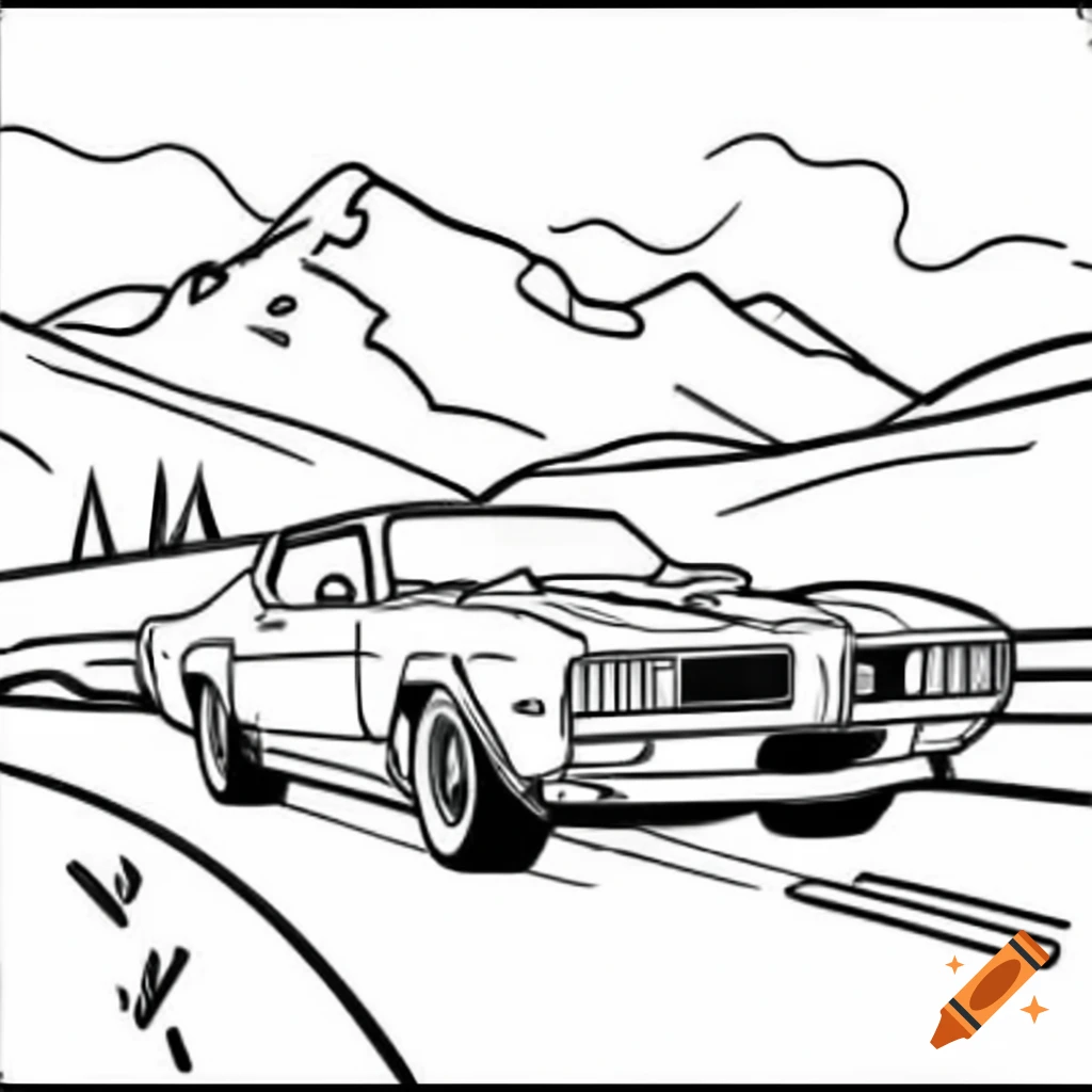 Sketch outline of gto driving down a mountain road on Craiyon