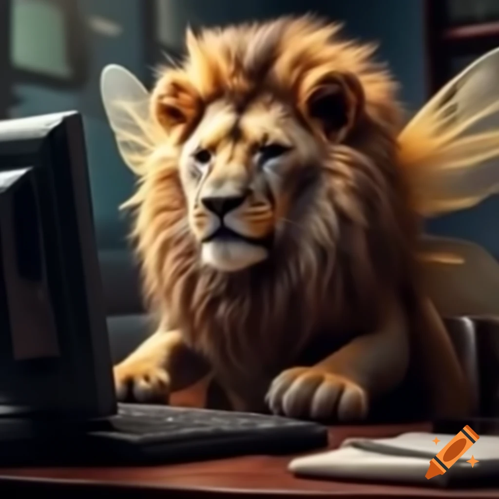 Cute furry lion with bee wings typing at computer in an office setting ...