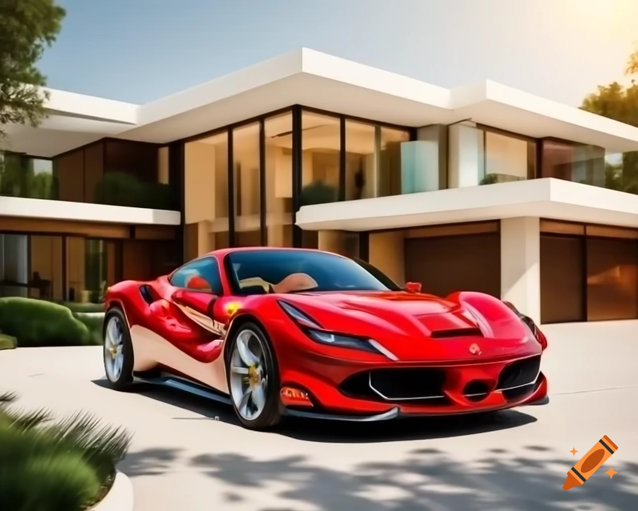 Sleek red ferrari parked in front of luxurious modern home with glass ...