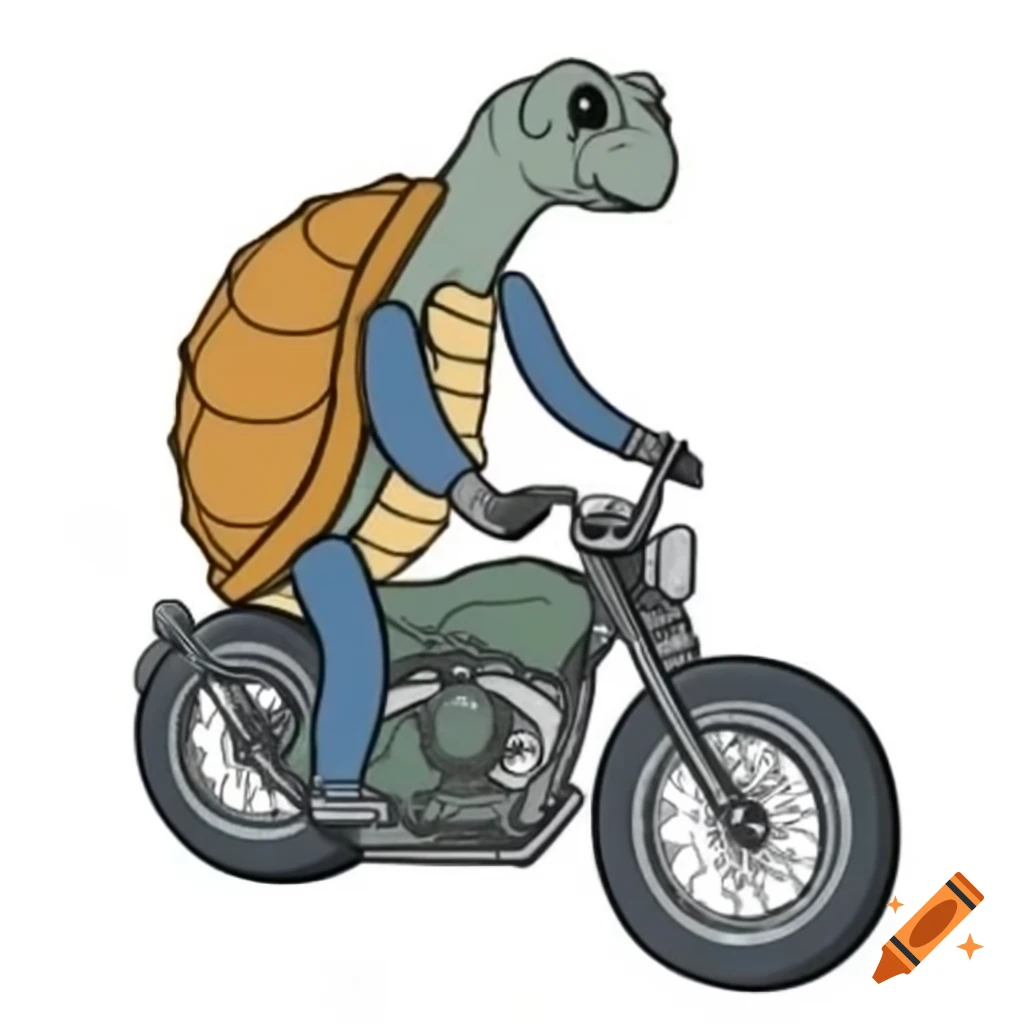 Chelidae turtle riding motorcycle on desert road, jeans with mud smudge ...