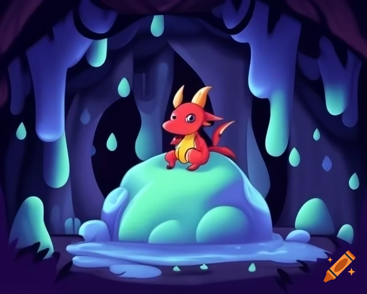 Red kobold in slime-covered cave system on Craiyon
