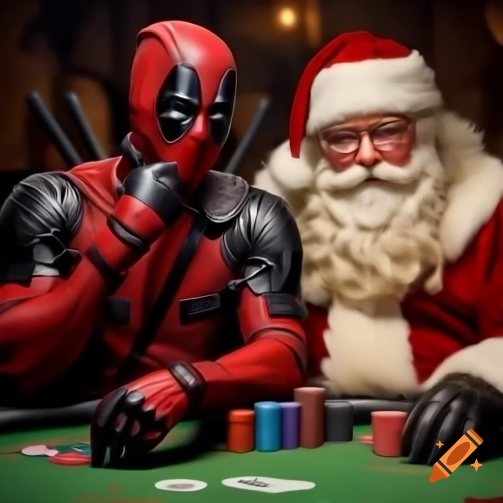Deadpool and Santa Claus playing poker in festive workshop on Craiyon