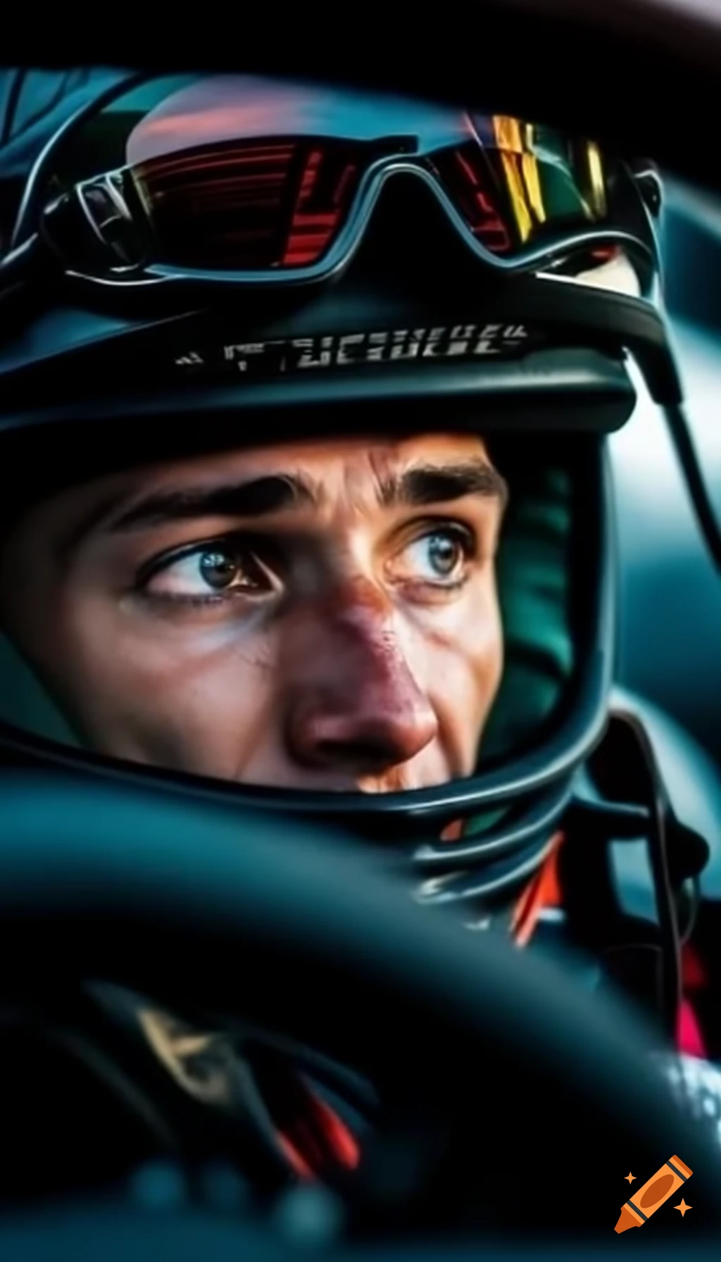 Close-up of race car driver showing tension and concentration with ...