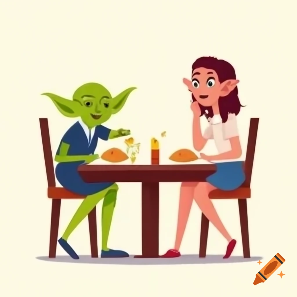 Goblin schoolgirl and human friend sharing a meal at dinner table on ...