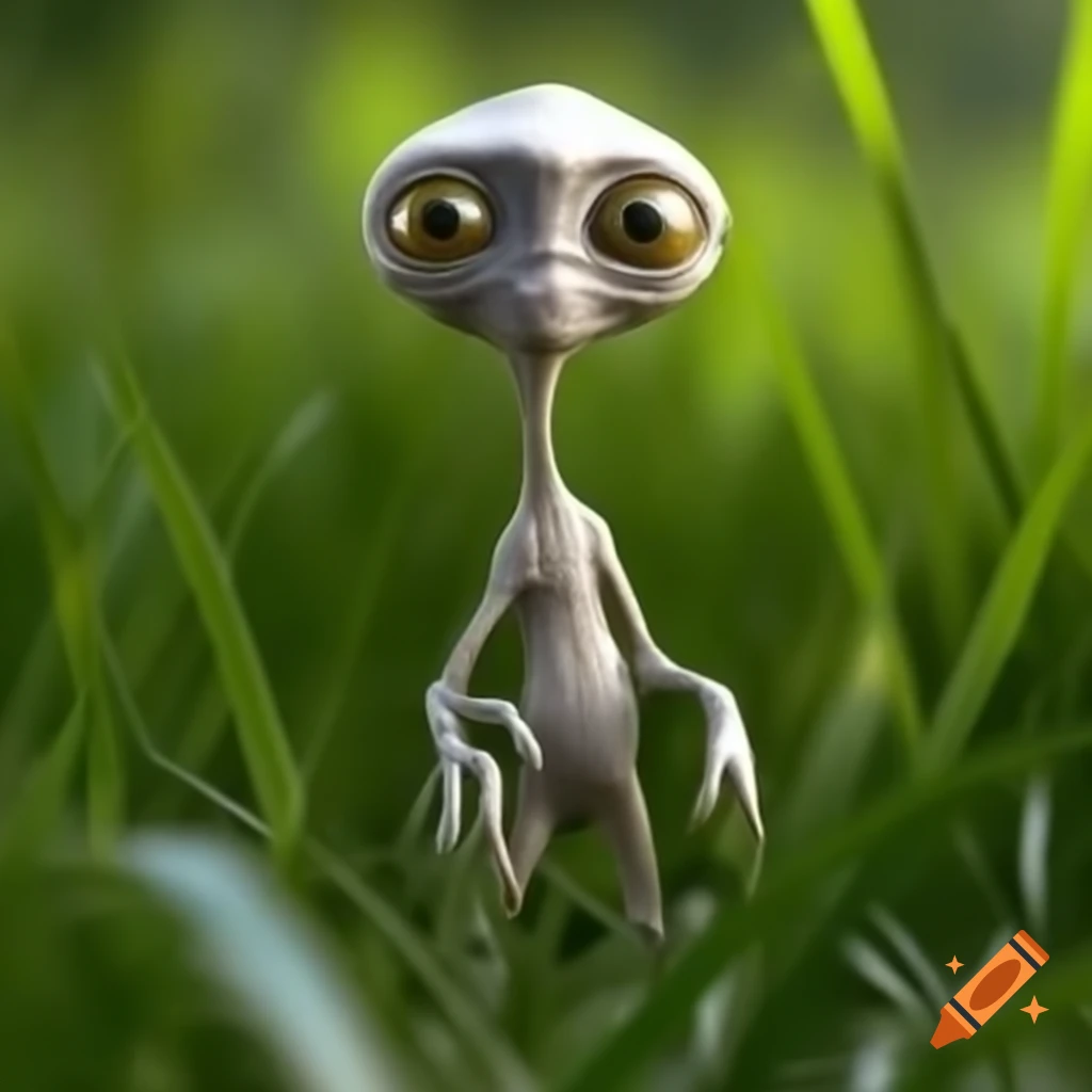 Small bipedal alien with one eye hiding in grass on Craiyon