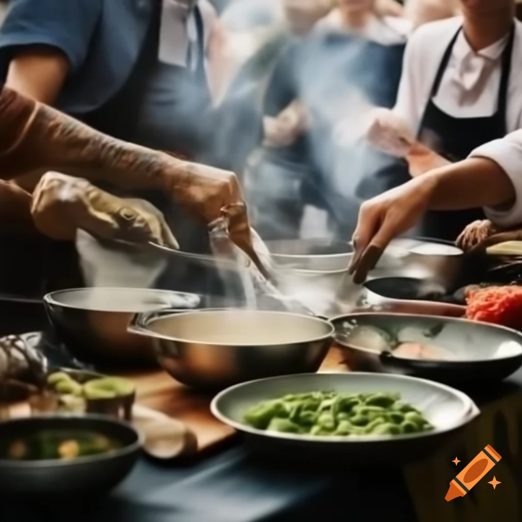 Cooking festival with various food stalls and chefs on Craiyon