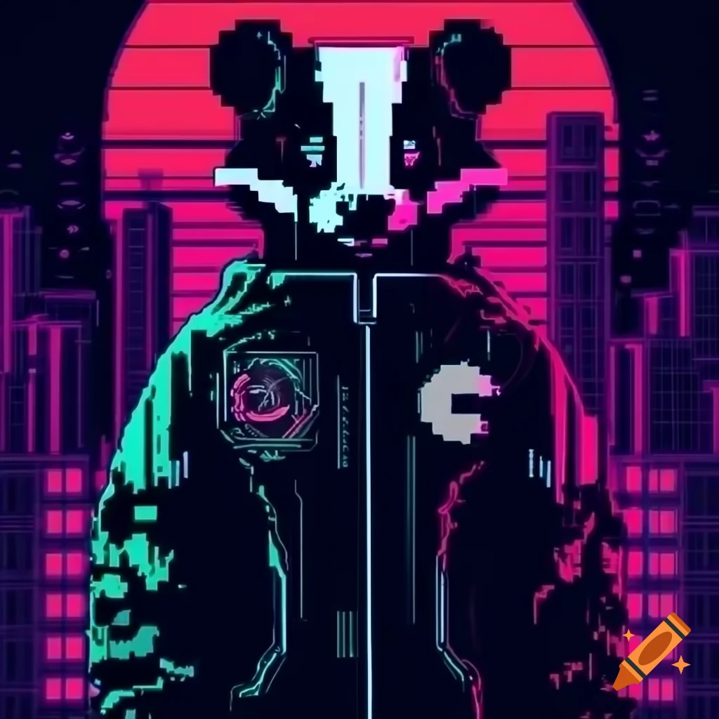 Close up of pixel art skunk in high-tech jacket with leds in a neon ...