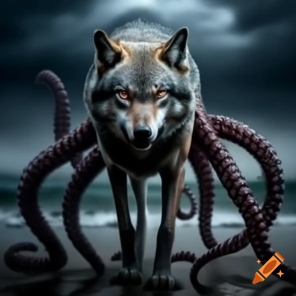 Wolf with octopus tentacles at foggy beach with dark ambiance on Craiyon