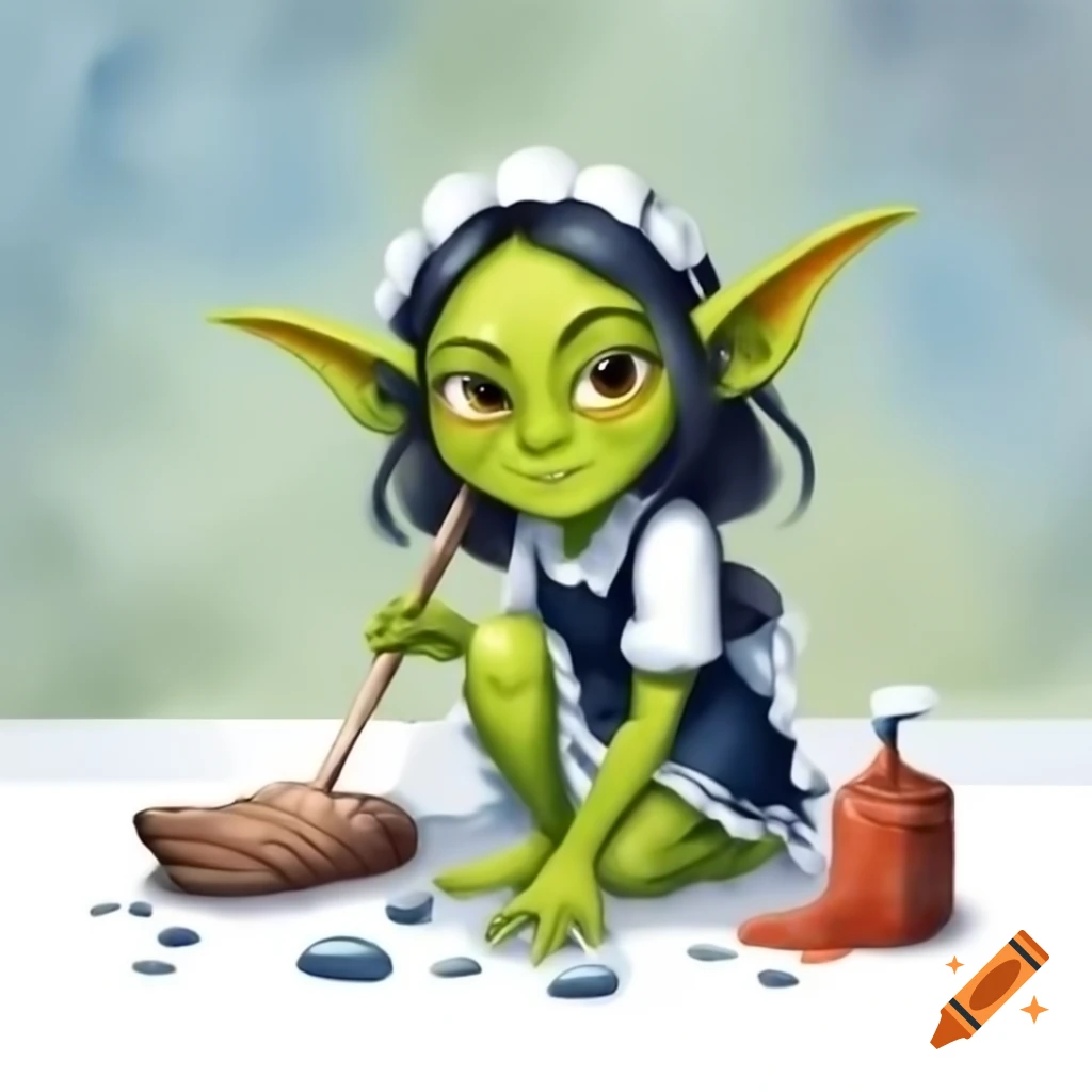 Goblin girl in maid uniform cleaning stone floor on Craiyon
