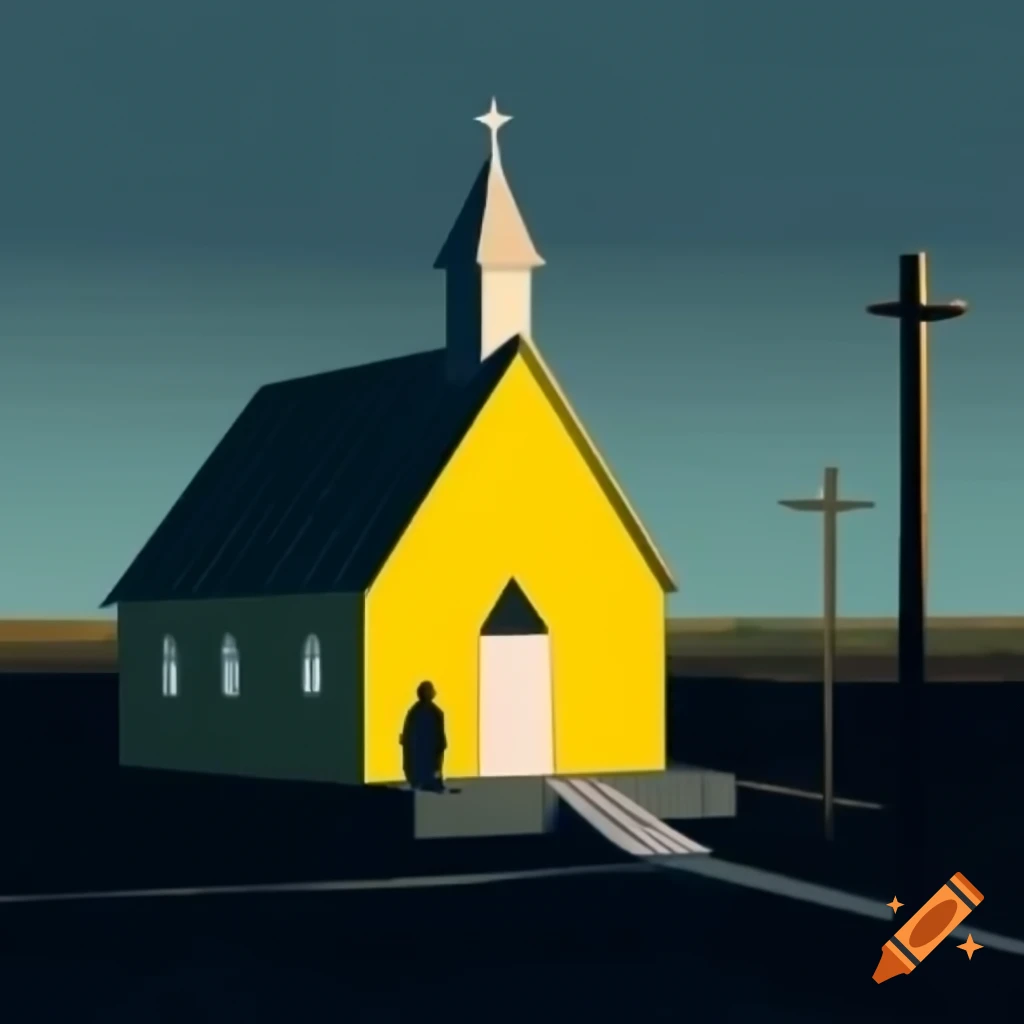 Low-toned yellow church with gray gable roof and small steeple on Craiyon