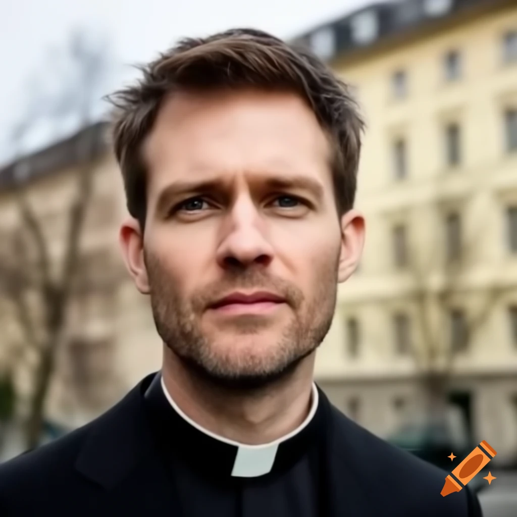 Caucasian roman catholic priest in black collar shirt surrounded by ...