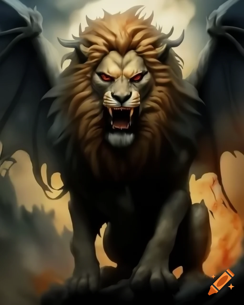 Fierce winged lion monster on Craiyon