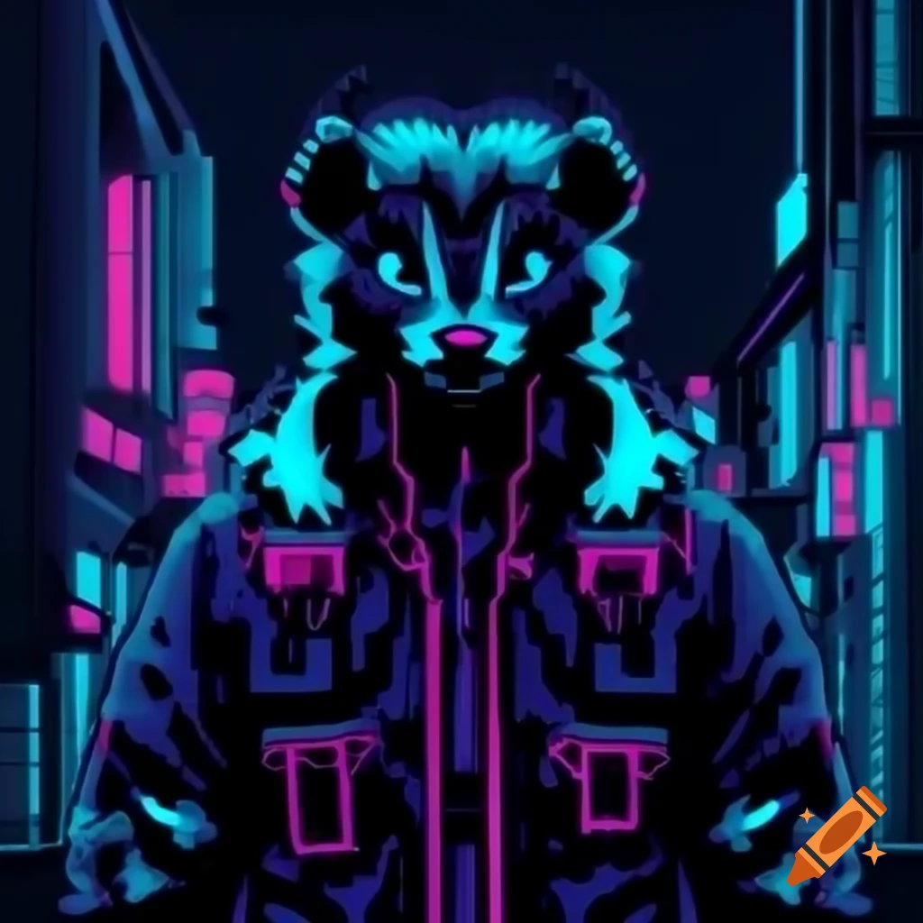 Close-up pixel art of skunk in high-tech jacket with leds in neon ...