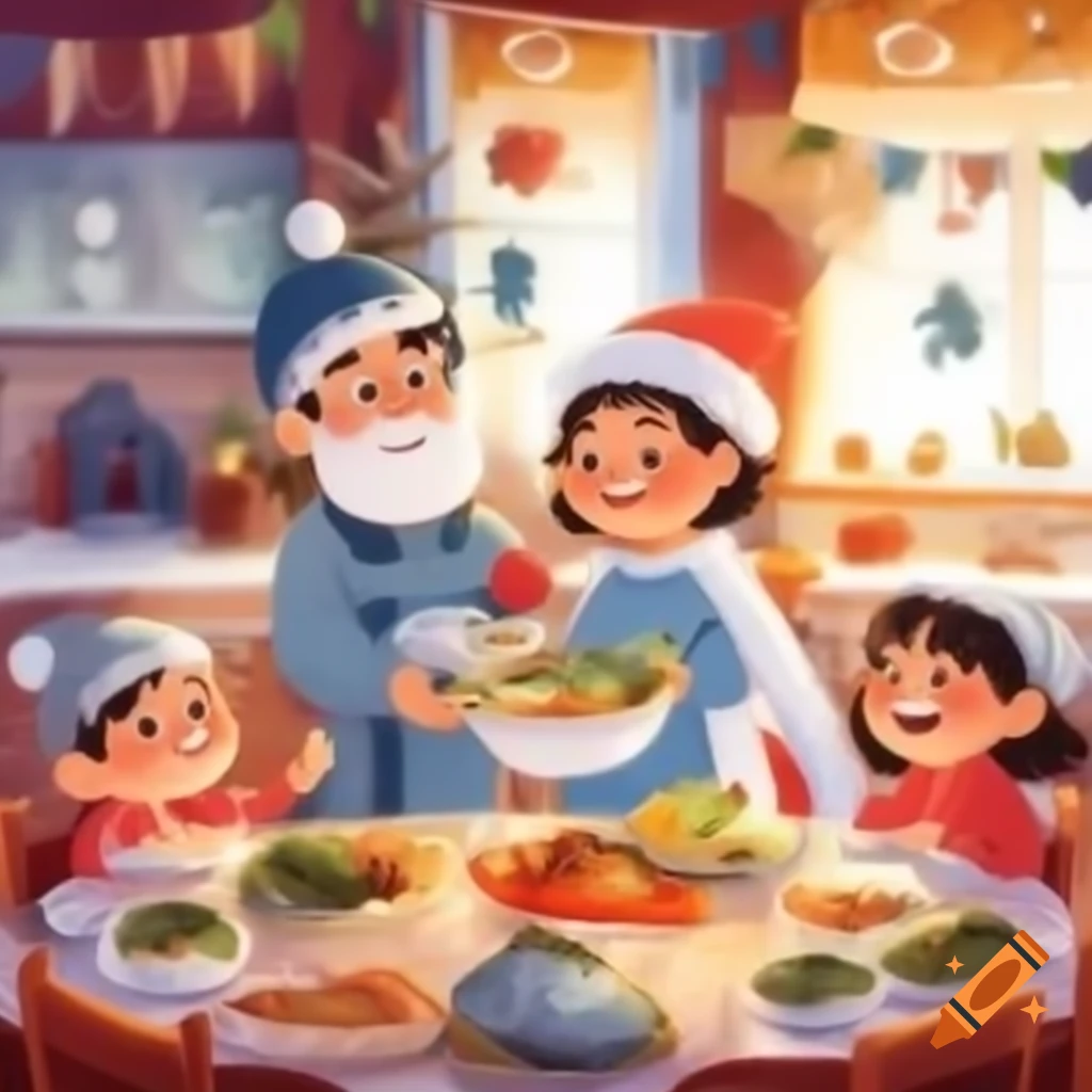 Cartoon family preparing holiday feast in festive kitchen with excited ...