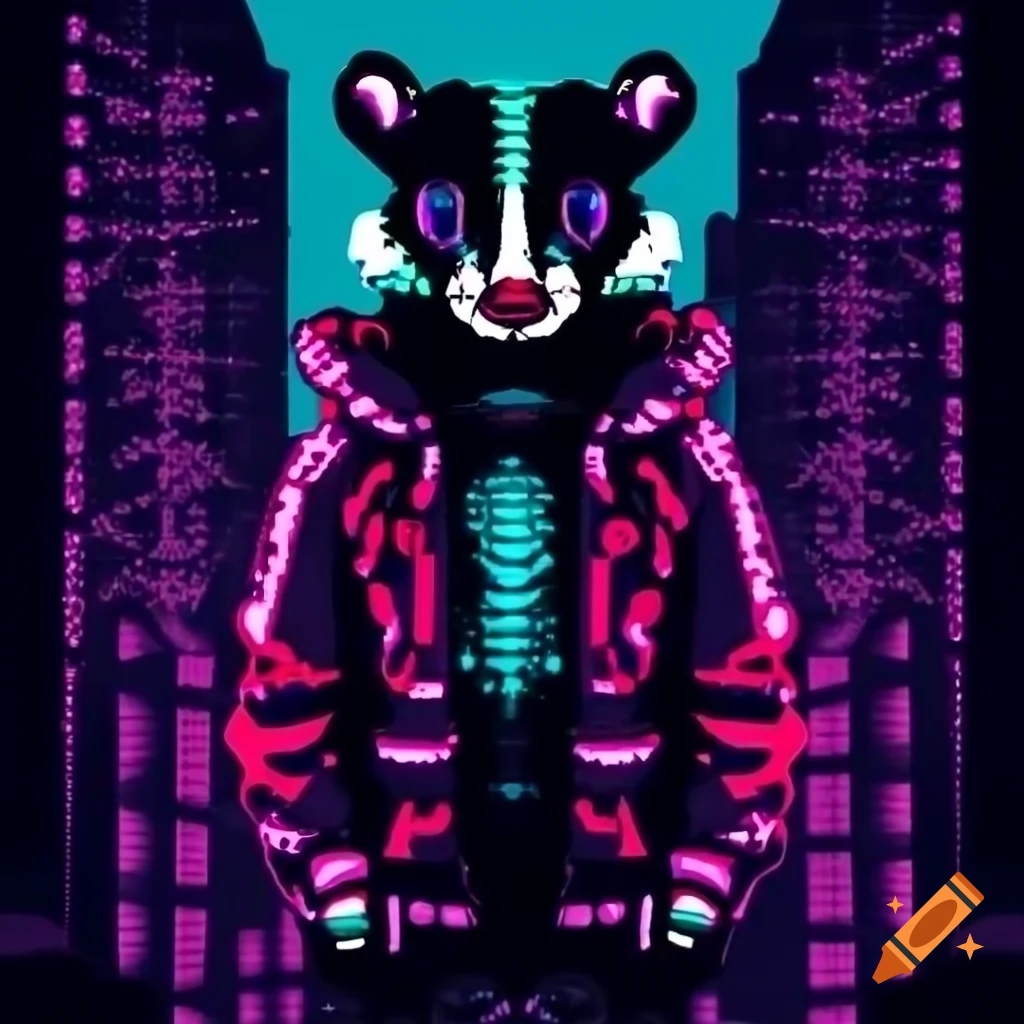 Close up of pixel art skunk in high-tech jacket with leds in a neon ...