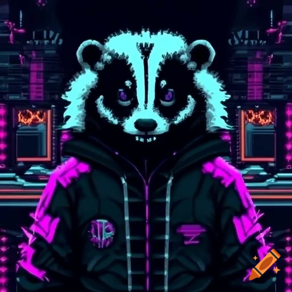 Close up of pixel art skunk in high-tech jacket with leds in a neon ...